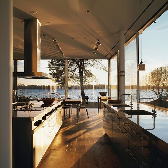 Modern Kitchen with Lake View at Sunset Stock Photo - Image of modern ...