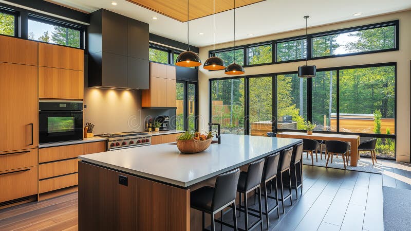A Modern Kitchen with a Large Central Island and Dining Area with a ...