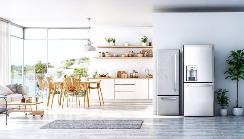 A Modern Kitchen with a Large Fridge, a Dining Table, and a Comfortable ...