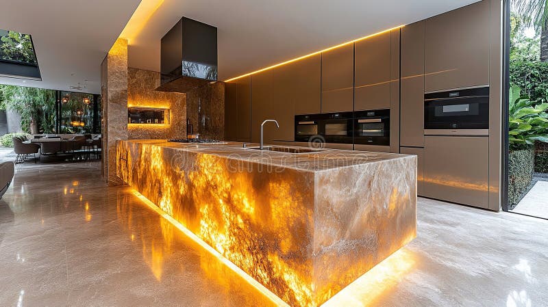 Modern Kitchen with a Large, Glowing Onyx Island Stock Image - Image of ...