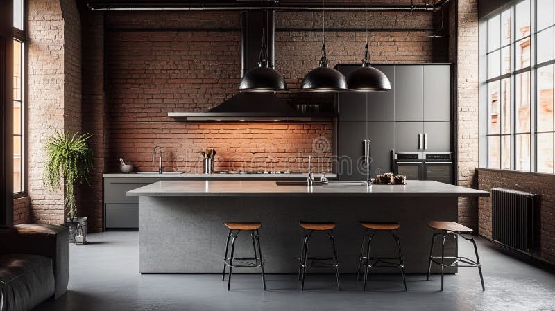 A Modern Kitchen with a Large Island and Four Stools Stock Image ...