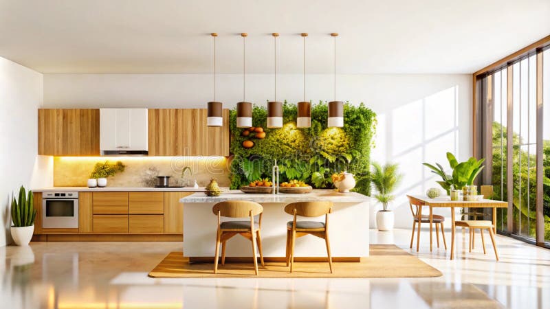 Modern Kitchen with a Large Vertical Garden and Natural Light Streaming ...