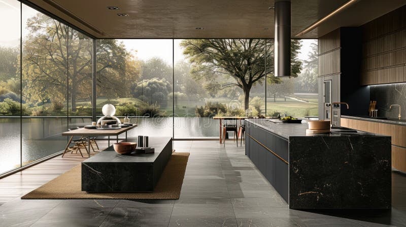 Modern Kitchen with Large Waterfront Window Stock Image - Image of ...