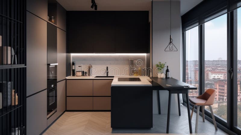 A Modern Kitchen with a Large Window Overlooking a City. AI Generative ...