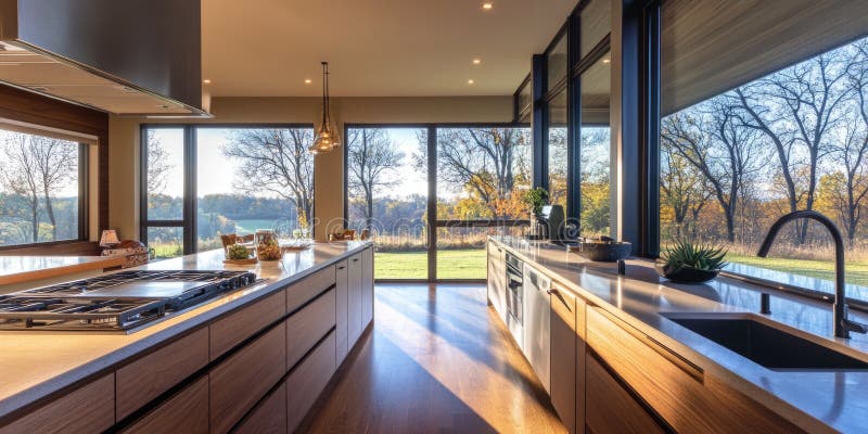Modern Kitchen with Large Window Stock Image - Image of design ...