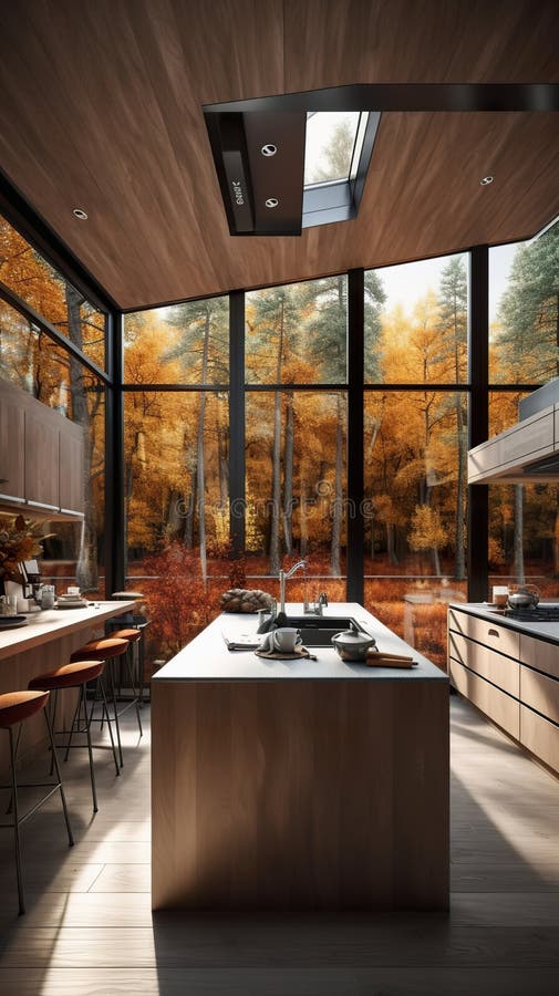 A Modern Kitchen with a Large Window and a View of the Mountains ...