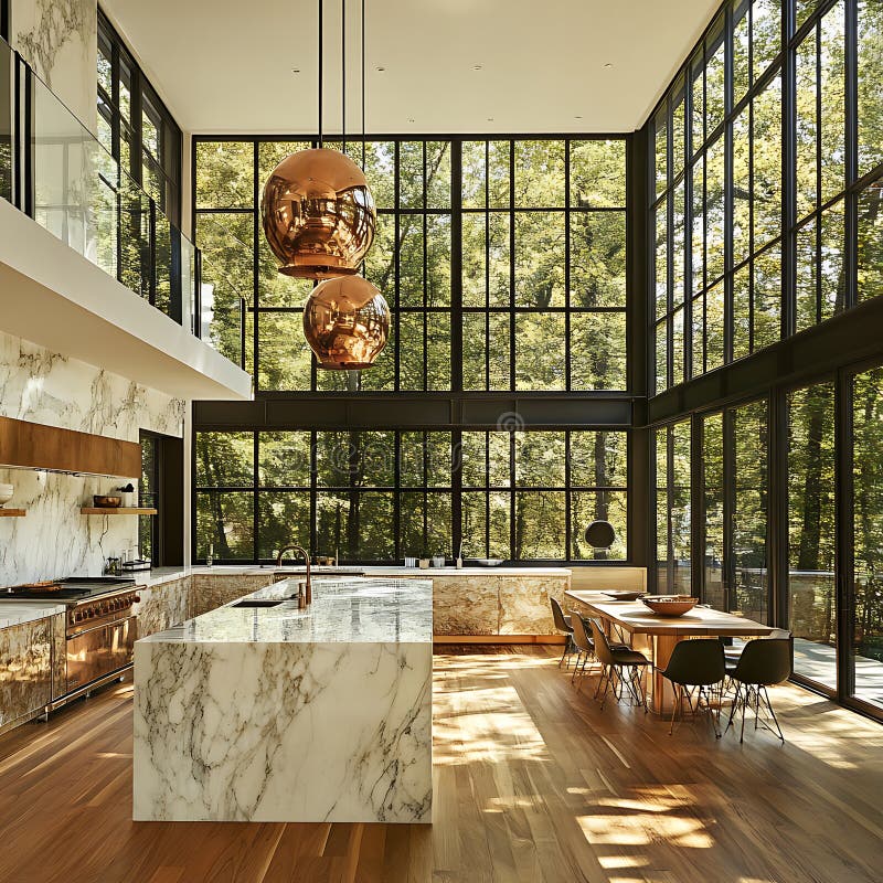 Modern Kitchen with Large Windows and Copper Pendant Lights Stock ...
