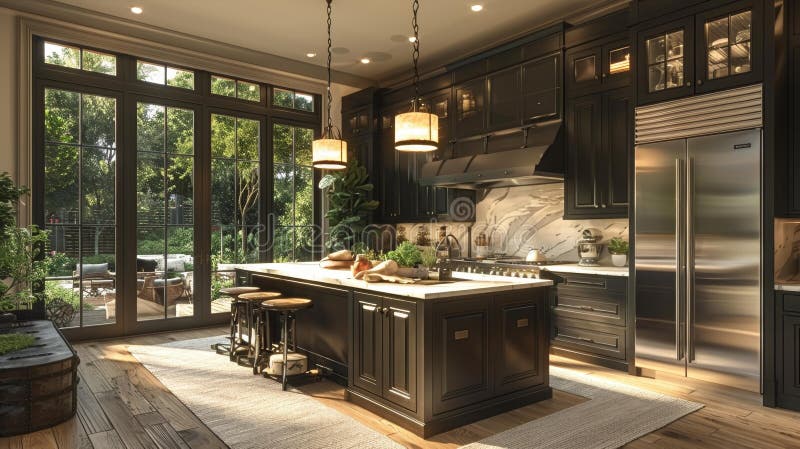 Modern Kitchen with Large Windows and Garden View - Generative Ai Stock ...