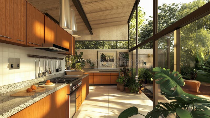 Modern Kitchen with Large Windows and Greenery in a Spacious Home ...