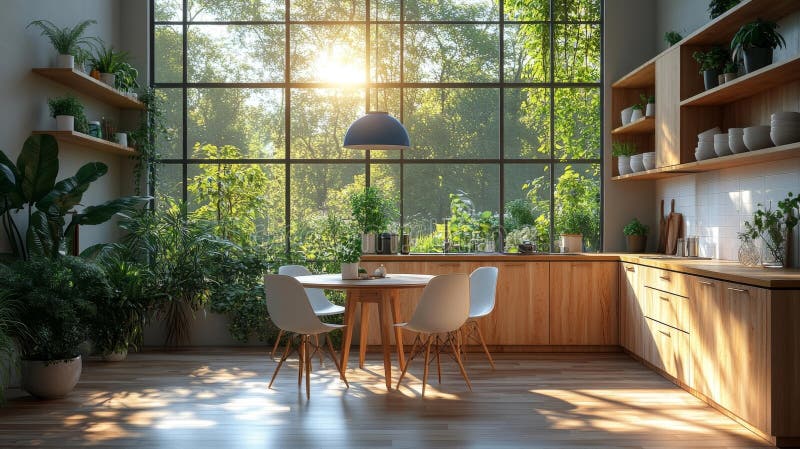 Modern Kitchen with Large Windows and Lush Greenery Stock Illustration ...