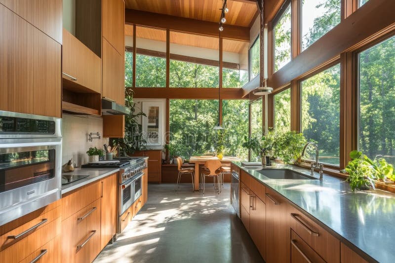 Modern Kitchen with Large Windows, Natural Light, and Greenery Stock ...