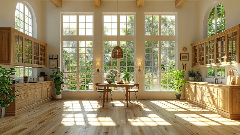 Modern Kitchen with Large Windows and Natural Light Stock Illustration ...