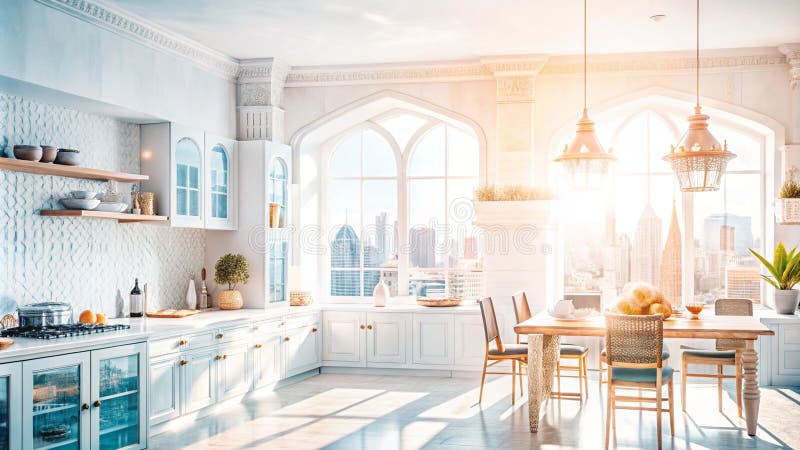 Modern Kitchen with Large Windows Overlooking City Skyline Stock ...