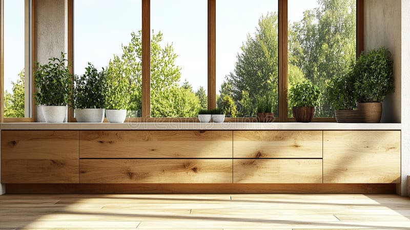 Modern Kitchen with Large Windows Overlooking a Garden Stock ...