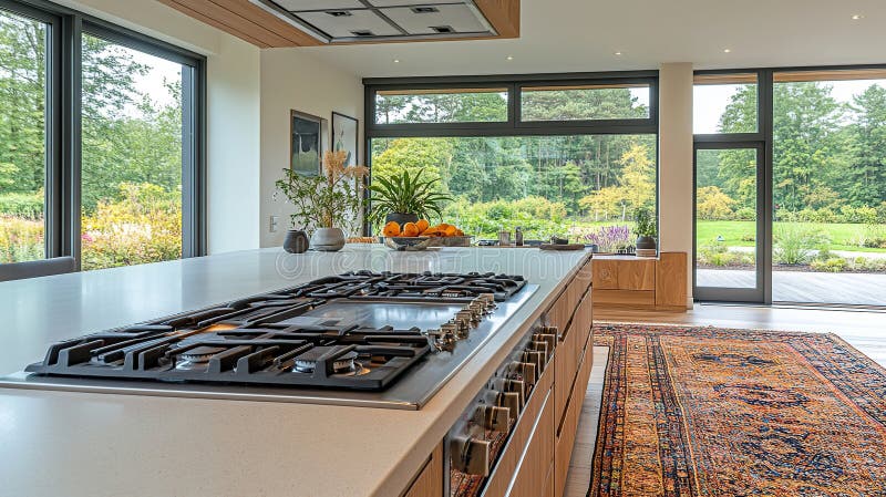 Modern Kitchen with Large Windows Overlooking a Garden Stock ...