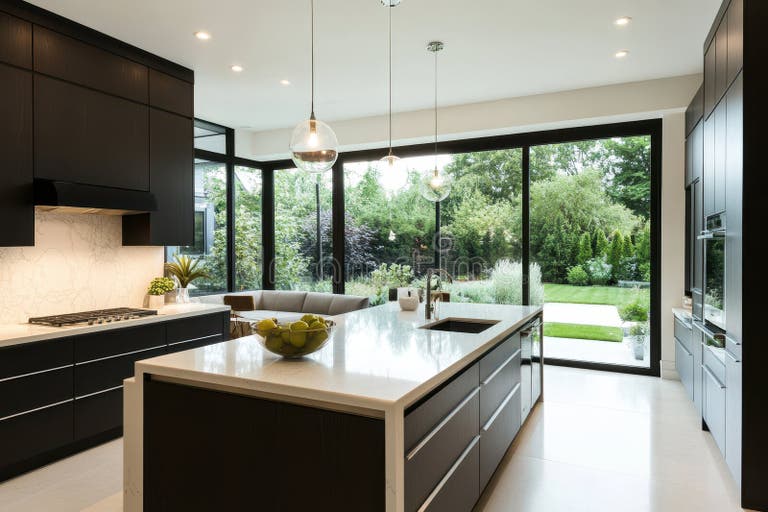 Modern Kitchen with Large Windows Overlooking a Garden, Featuring Sleek ...