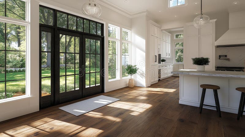 Modern Kitchen with Large Windows Overlooking Garden and Wooden Floors ...
