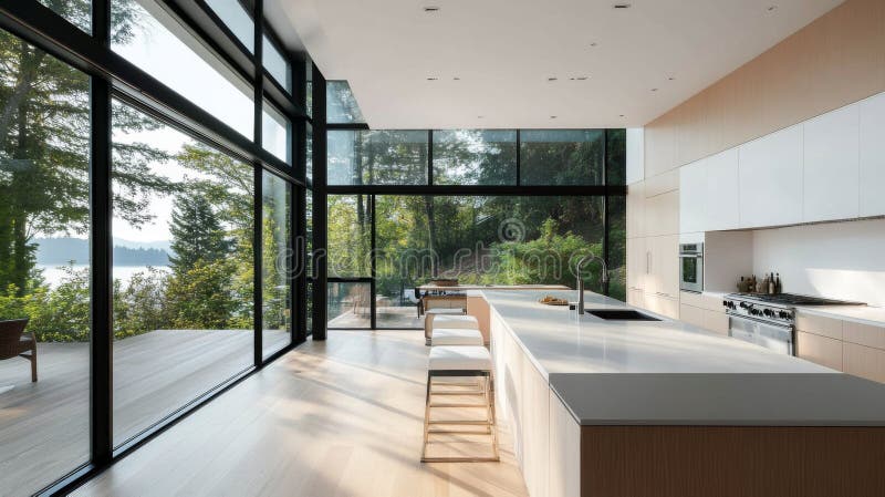 Modern Kitchen with Large Windows Overlooking a Lake and Forest Stock ...