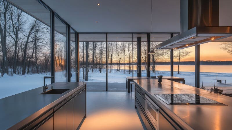 Modern Kitchen with Large Windows Overlooking a Snowy Landscape at ...