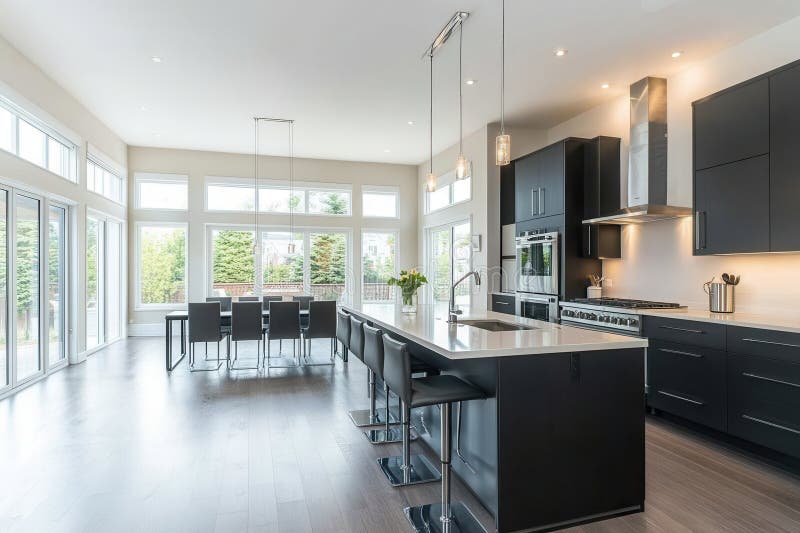 Modern Kitchen with Large Windows, Sleek Cabinetry, and an Island for ...