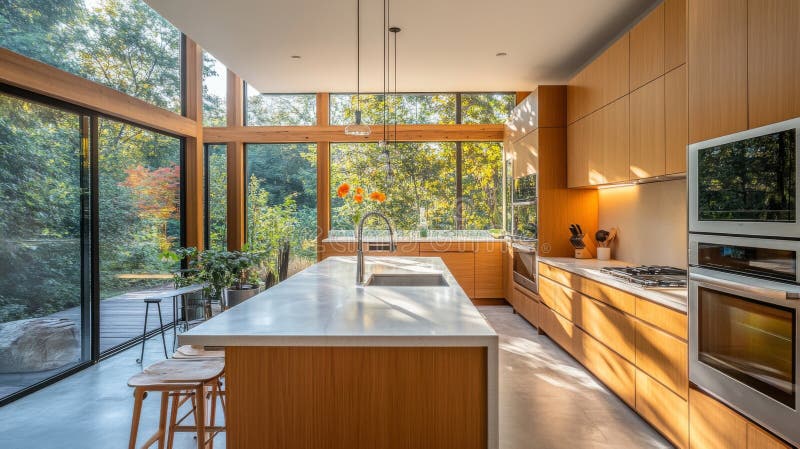 Modern Kitchen with Large Windows and Wooden Cabinets Stock ...