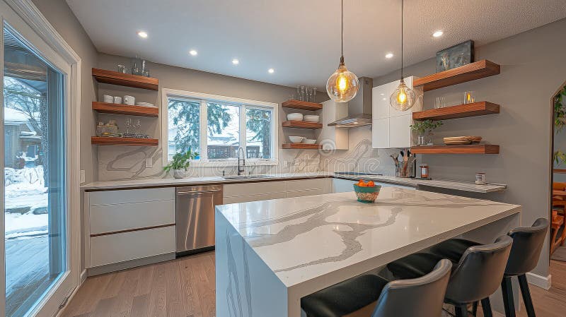 Modern Kitchen, Light, Open-plan, Snowy View, Interior Design Stock ...