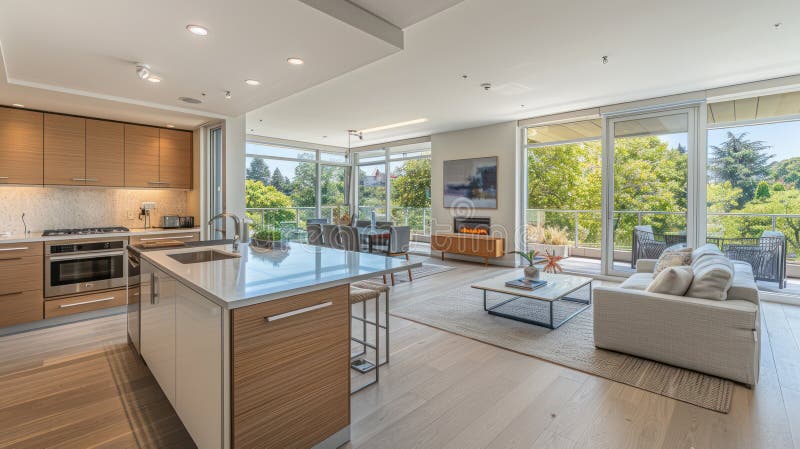 Modern Kitchen and Living Area with Large Windows Overlooking Greenery ...
