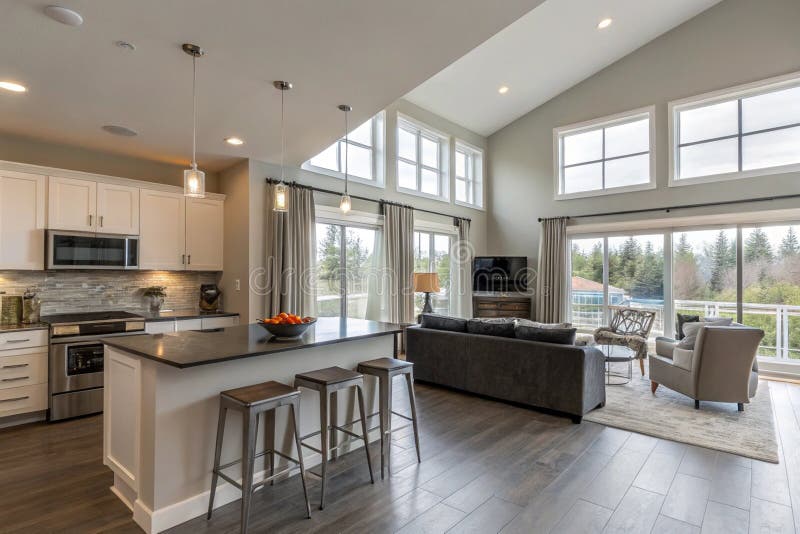 Modern Kitchen and Living Room Interior in Kent, WA Stock Illustration ...