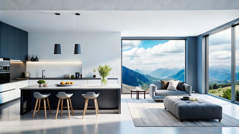 Modern Kitchen and Living Room with Panoramic Mountain View Stock ...