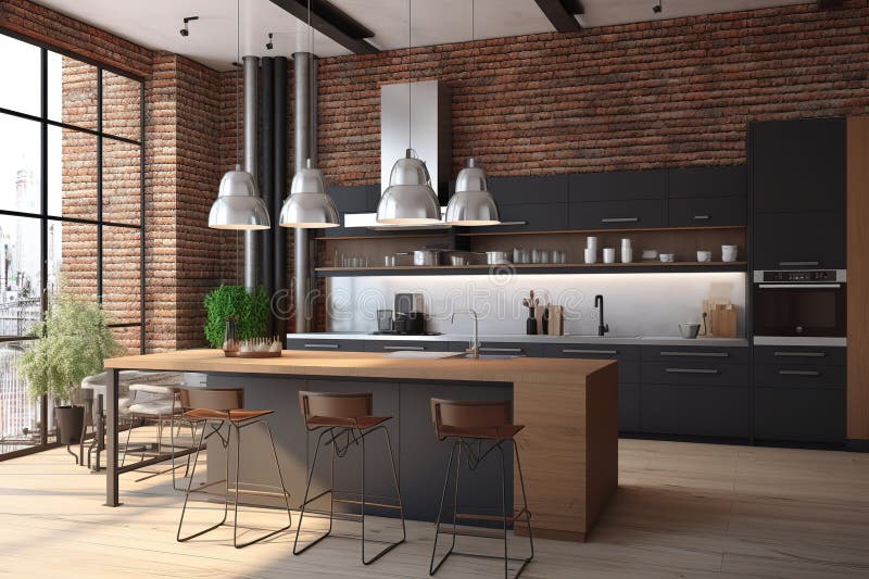 Modern Kitchen in Loft Apartment. Interior of Modern Spacious Kitchen ...