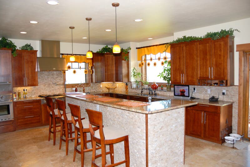 Modern Kitchen with Lunch Bar Stock Photo - Image of interior, cheery ...