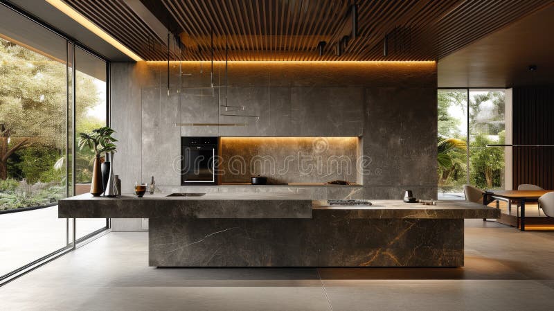 A Modern Kitchen with a Marble Counter and Large Windows, AI Stock ...
