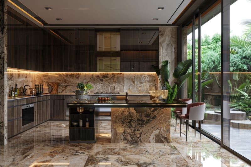A Modern Kitchen with a Marble Countertop and a Window View Stock Photo ...