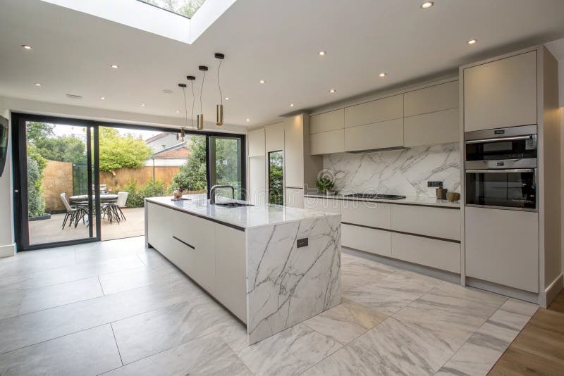 Modern Kitchen with Marble Island and Glazed Terrace Access Stock ...