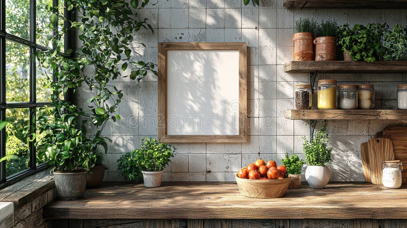 Modern Kitchen with Mock Up Frame on Narrow Shelf, Plants, and Fresh ...