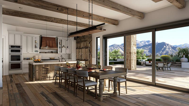 Modern Kitchen with Mountain View Stock Illustration - Illustration of plants, landscape: 324527410