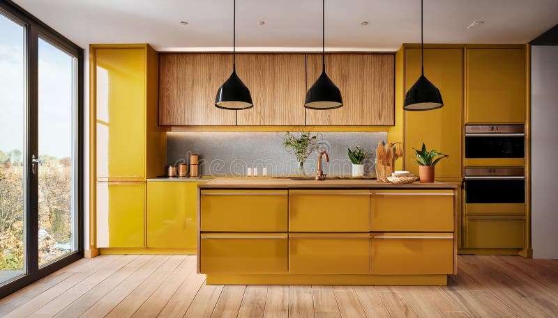 Modern Kitchen with Mustard Cabinetry and Wooden Accents. 3D Rendering ...