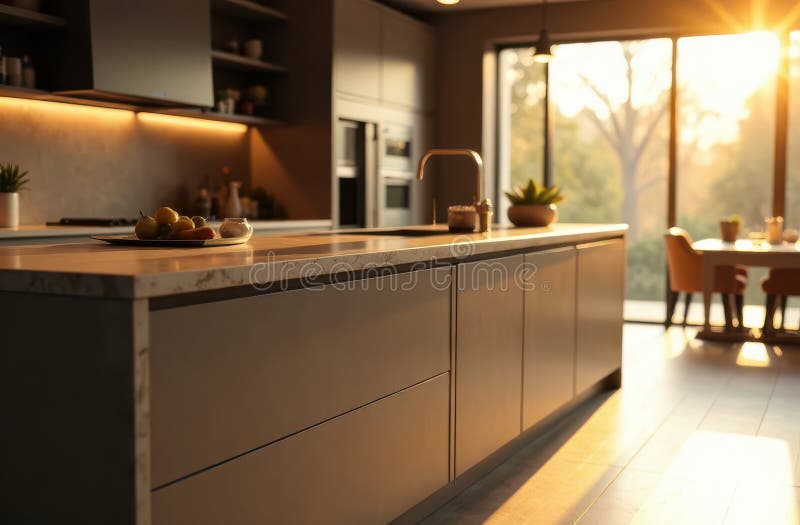 Modern Kitchen with Natural Light and Cozy Dining Area at Sunset Stock ...