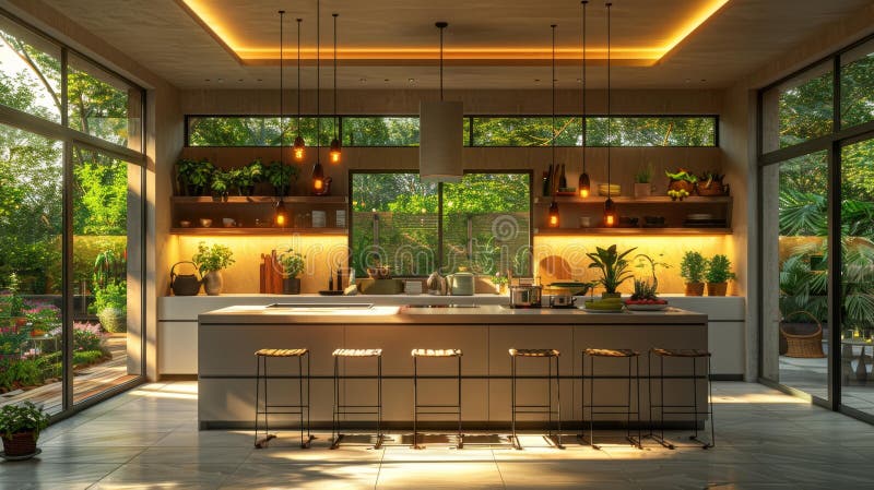 Modern Kitchen with Natural Light and Greenery - Generative Ai Stock ...