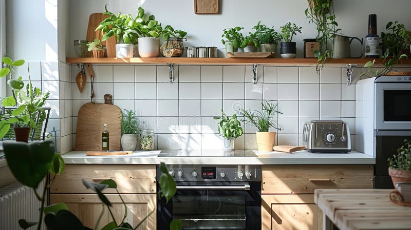 Modern Kitchen with Natural Light and Greenery Stock Illustration ...