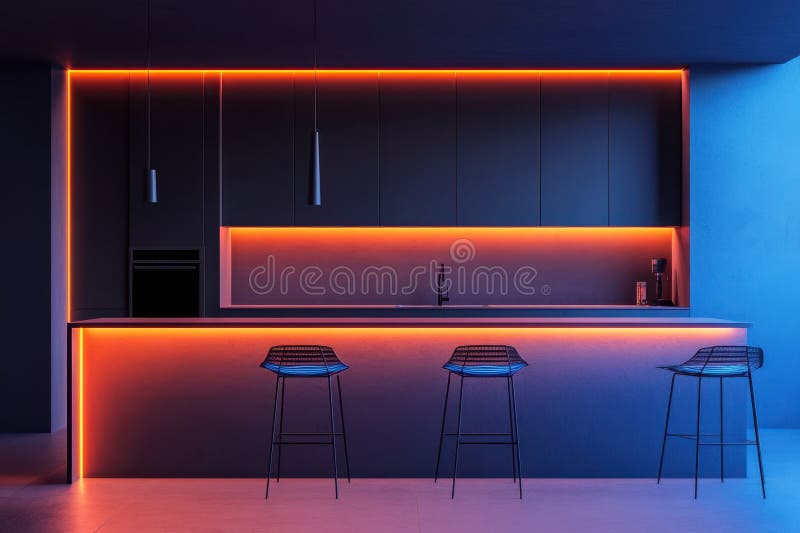Modern Kitchen with Neon Lighting and Minimalist Design Stock ...