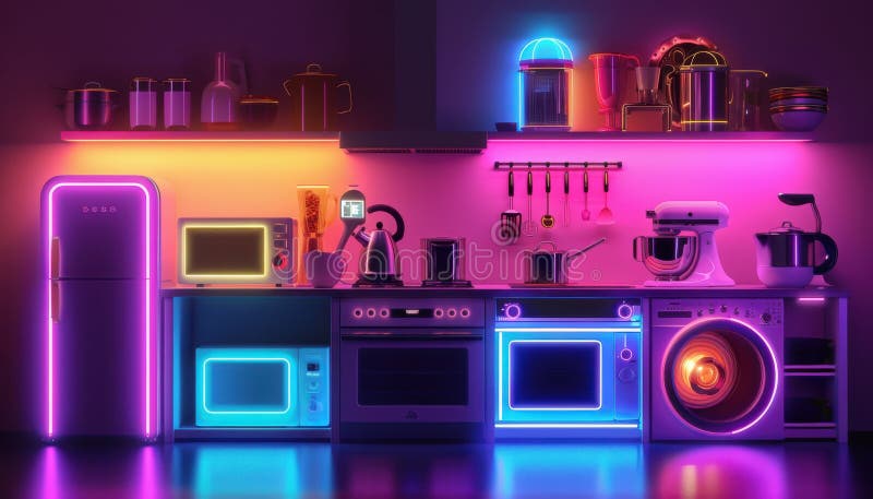 Modern Kitchen with Neon Lighting Showcasing Various Appliances in a ...