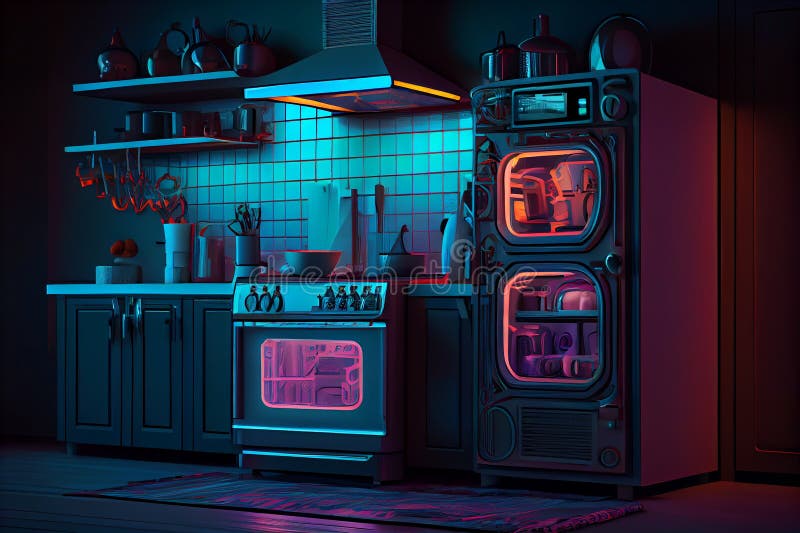 Modern Kitchen with Neon Lights in the Evening. Smart House Interior ...