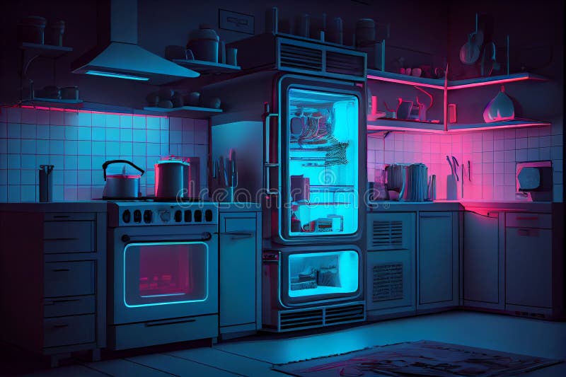 Modern Kitchen with Neon Lights in the Evening. Smart House Interior ...