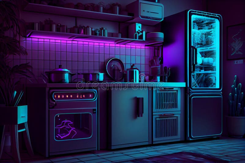 Modern Kitchen with Neon Lights in the Evening. Smart House Interior ...
