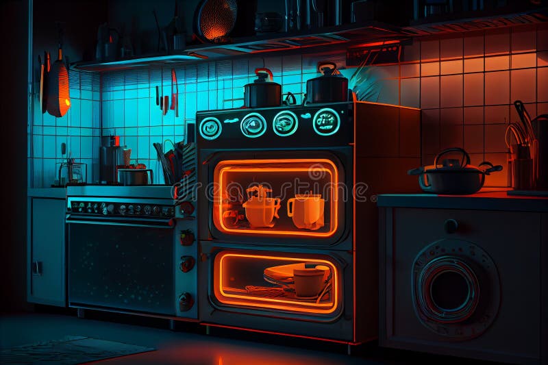 Modern Kitchen with Neon Lights in the Evening. Smart House Interior ...