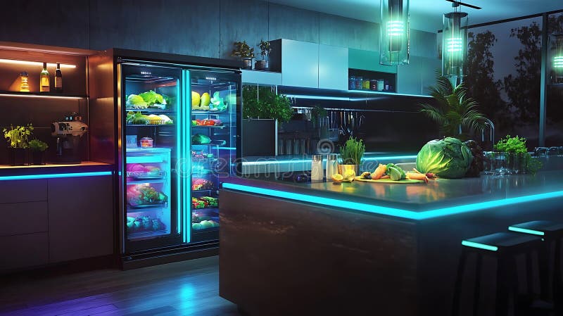 Modern Kitchen at Night with Illuminated Refrigerator and Island Stock ...