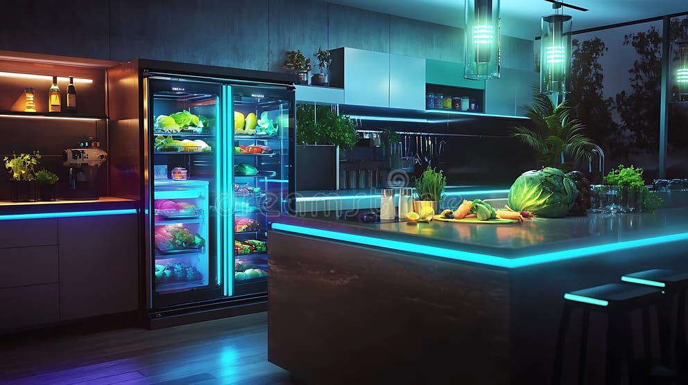 Modern Kitchen at Night with Illuminated Refrigerator and Island Stock ...