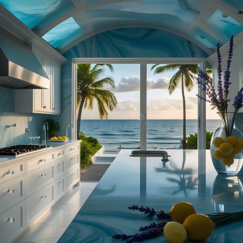 Modern Kitchen with Ocean View and Marble Accents Stock Illustration ...