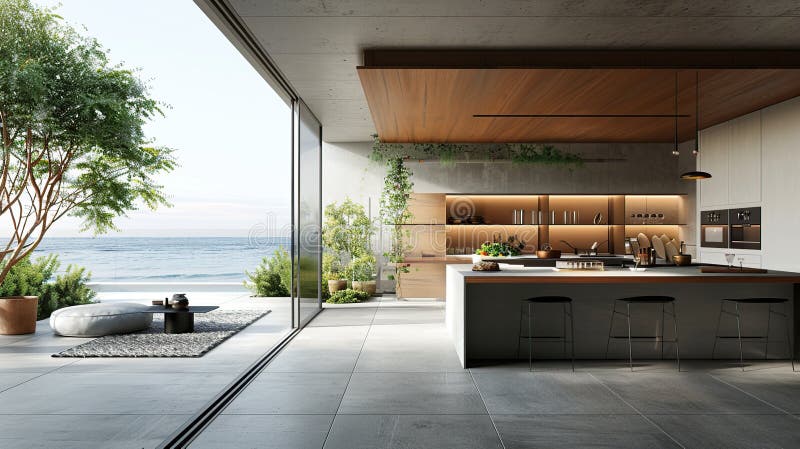Modern Kitchen with Ocean View Stock Illustration - Illustration of ...